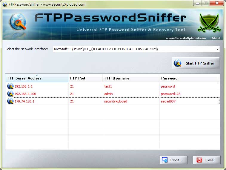 FTPPasswordSniffer Showing Recovered Passwords